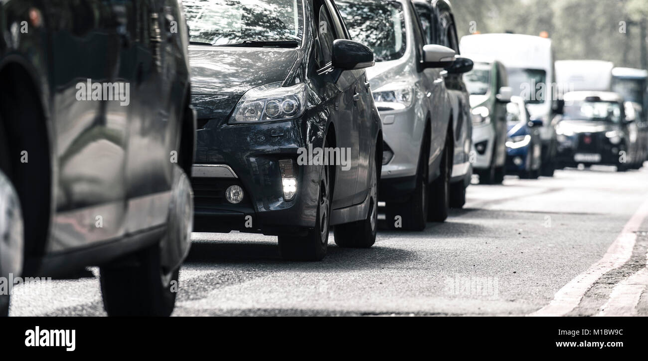Road traffic congestion on Victoria Embankment, London, England, UK ...