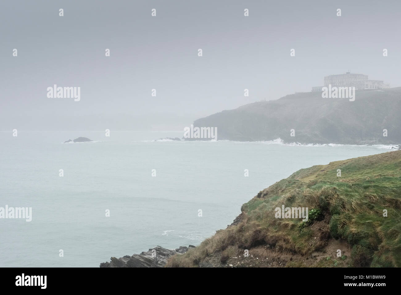 UK weather - Heavy misty conditions over the coast at Newquay Cornwall ...