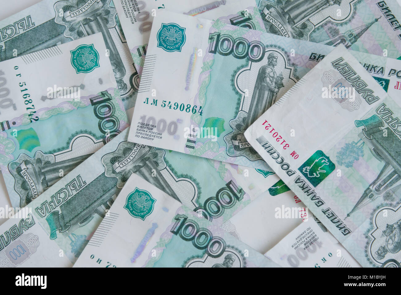 Money in Russia. Banknotes one thousand rubles, background, selective ...