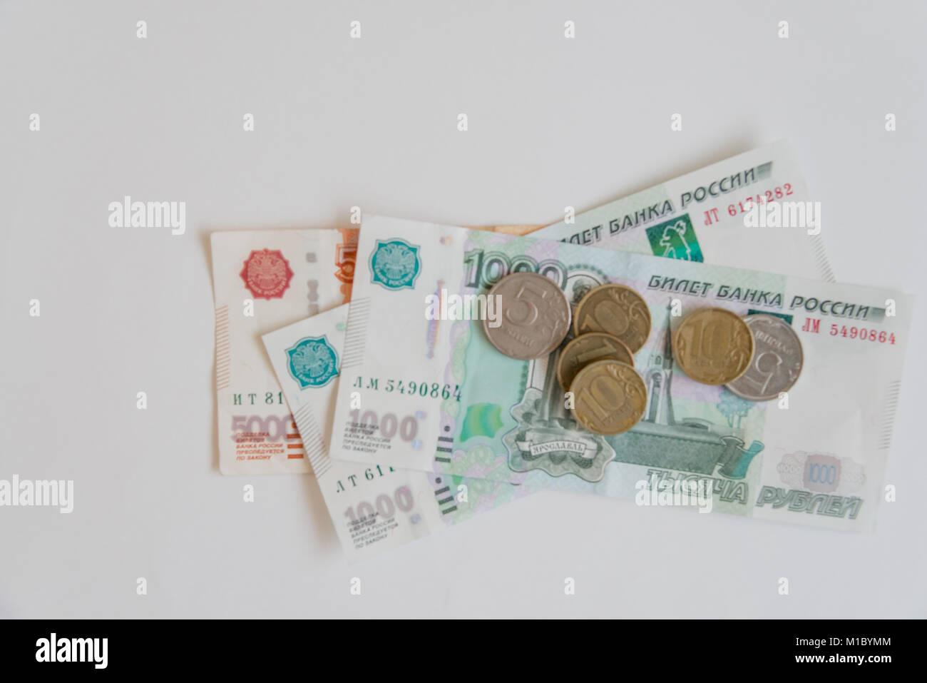 Money in Russia. Banknotes five and one thousand rubles, background ...