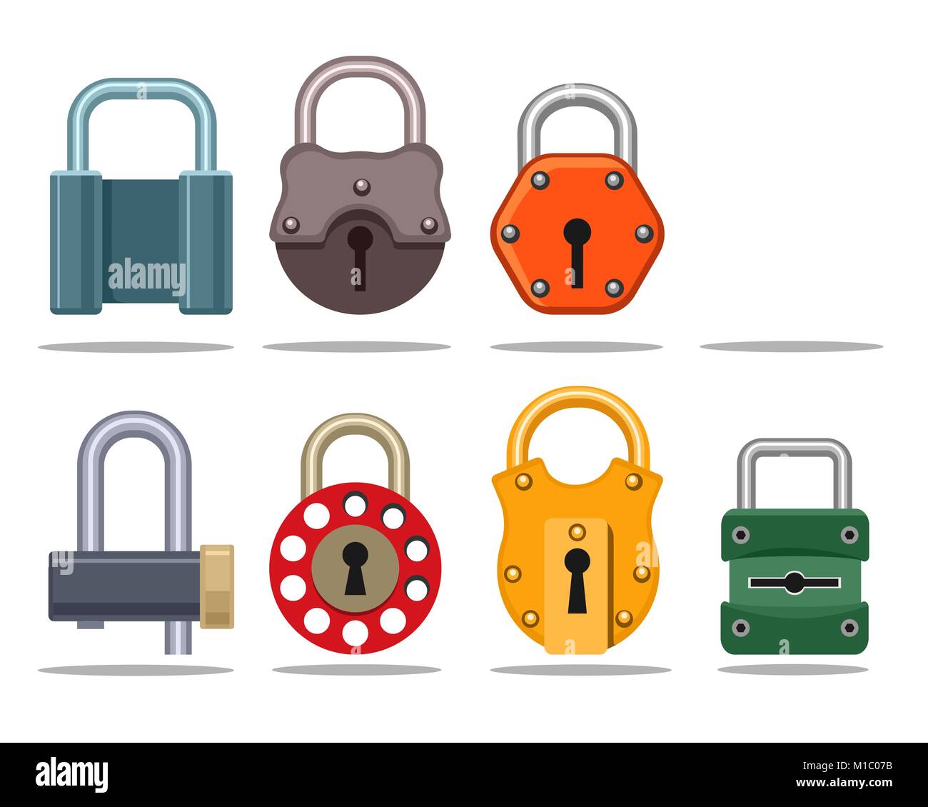 Vector locks. Colorful lock set with key hole and secret code ...