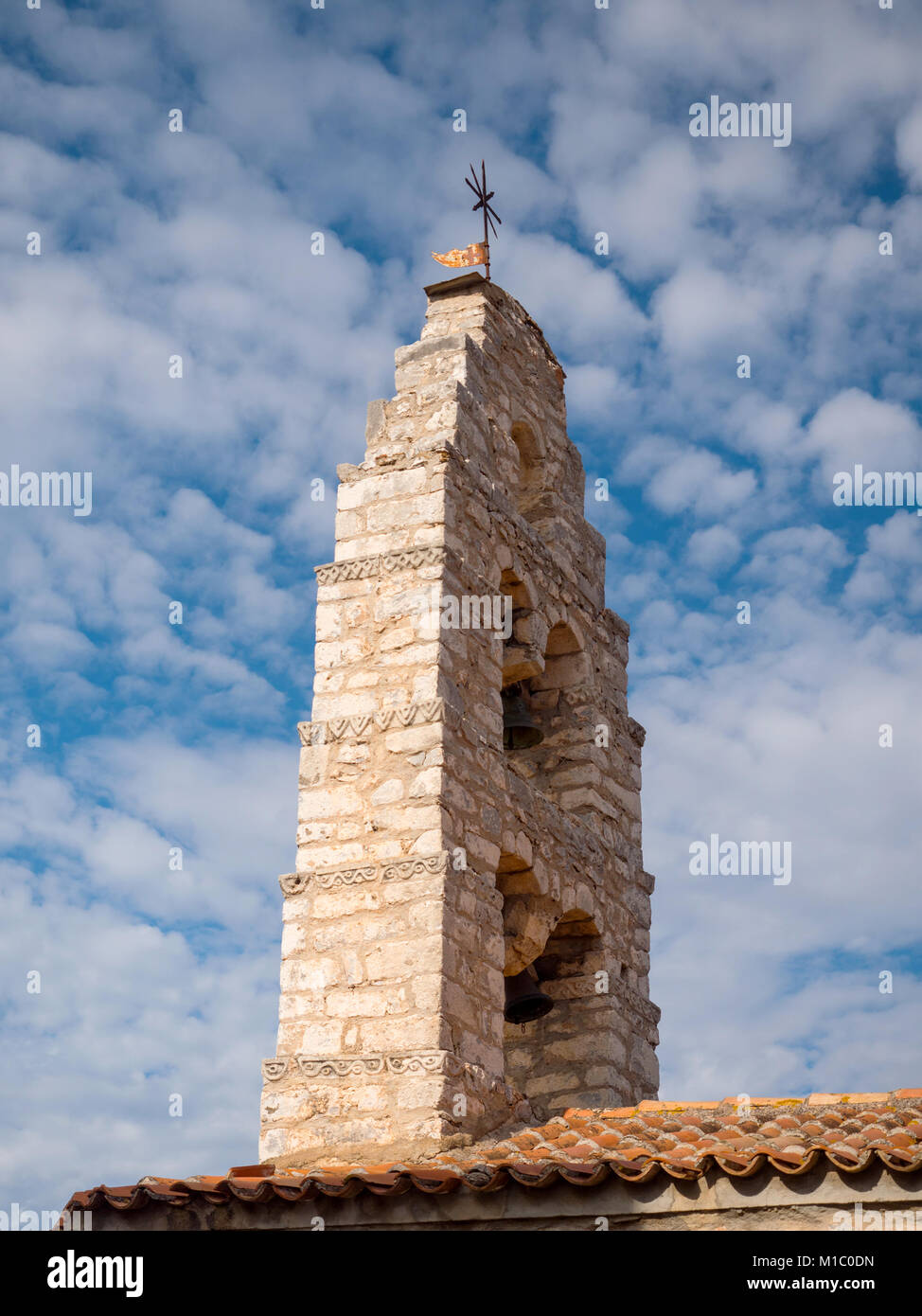 Stone build bell tower in the traditional village of Aeropoli, Laconia ...