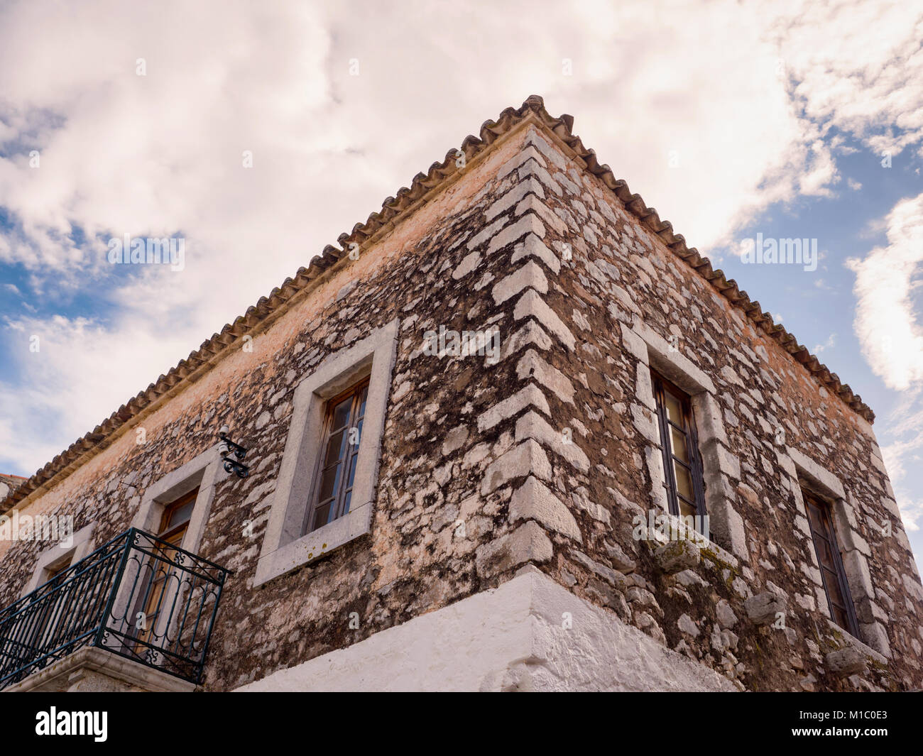 Stone tower house in the traditional village of Aeropolis, Laconia ...