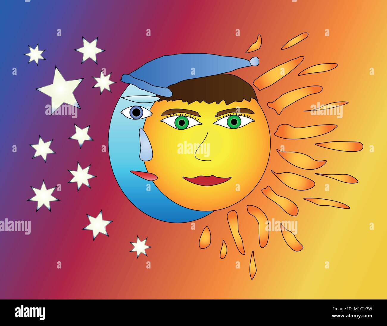 Moon and sun friendship, moon and sun smiling together on colorful ...