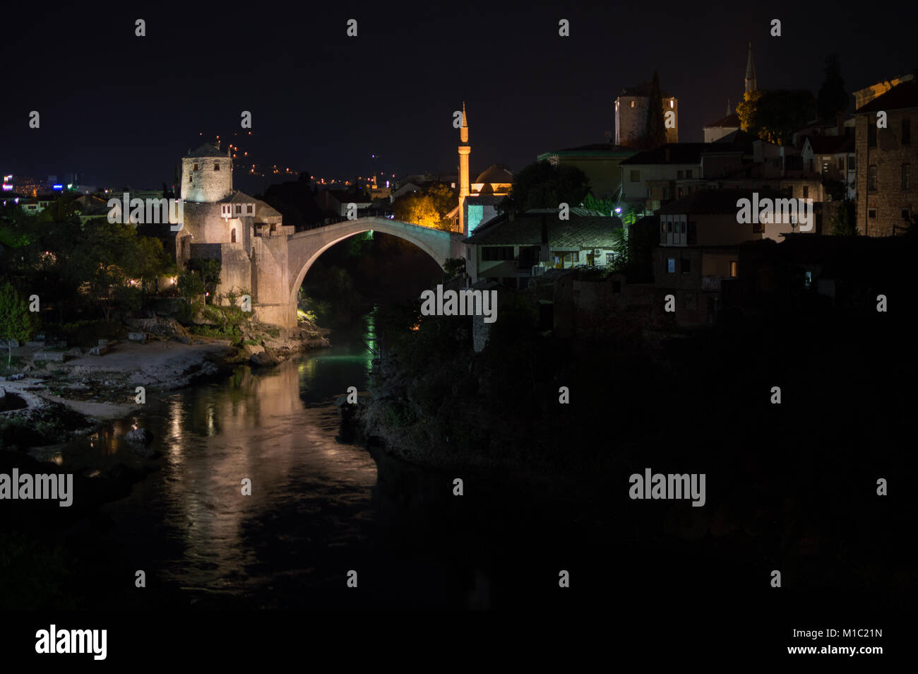 Old Bridge (Stari Most), Neretva River and Old Town in Mostar at Night ...