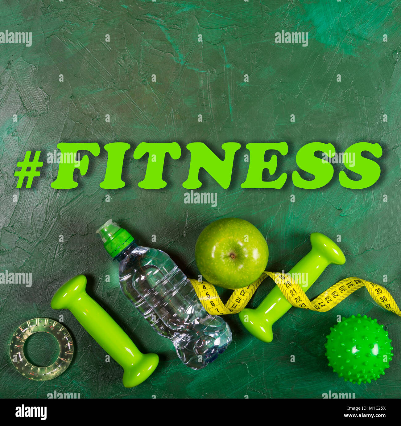 Green background with a hashtag fitness. Dumbbell, apple, water bottle ...