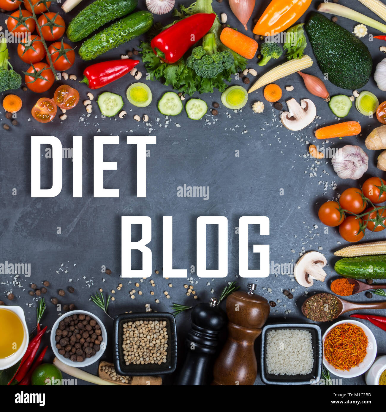 Diet blog concept. Big set of vegetables and spices on a black ...