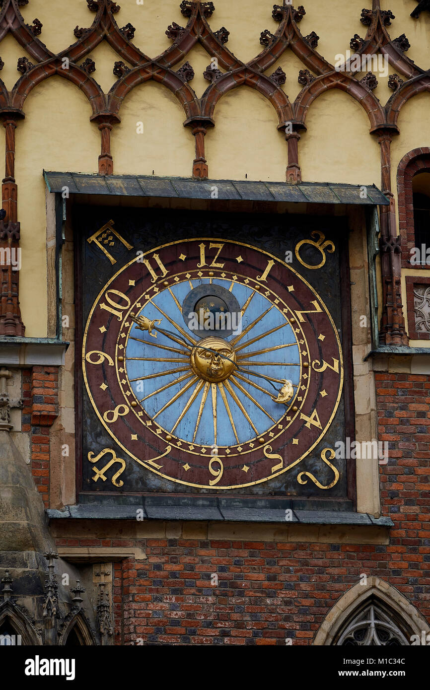 Astronomical clock on old city hall tower in Wroclaw Poland Stock Photo ...