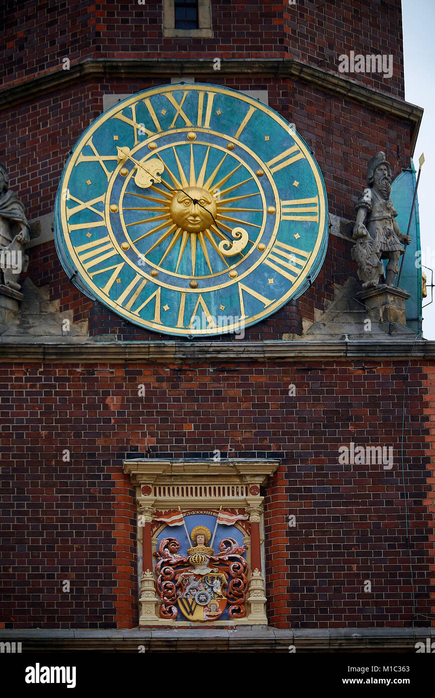 Astronomical clock on old city hall tower in Wroclaw Poland Stock Photo ...