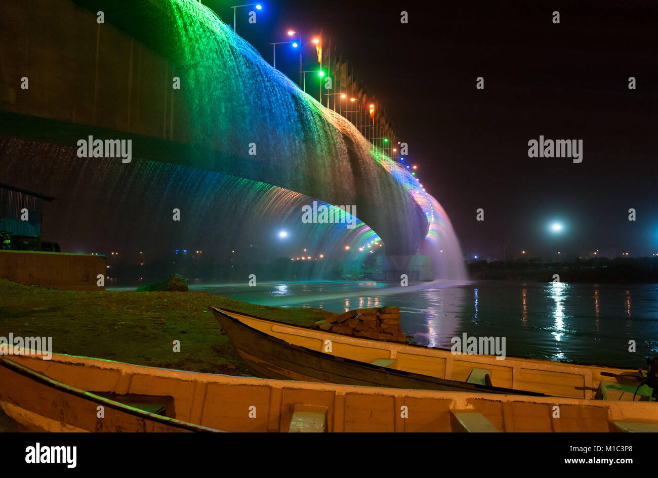 Bridge with night lights and fountain in the Ahvaz city of Iran Stock ...