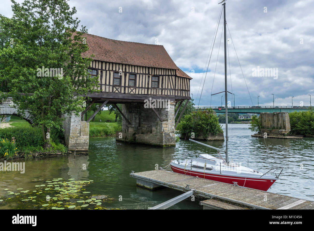 Le Vieux Moulin on a Medieval Bridge across the River Seine, Vernon ...