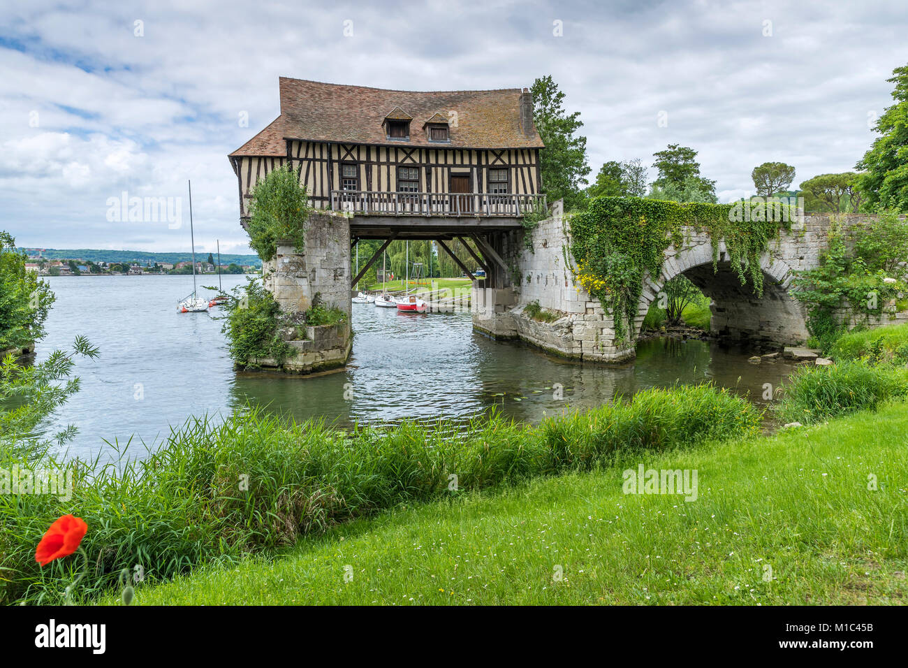 Le Vieux Moulin on a Medieval Bridge across the River Seine, Vernon ...