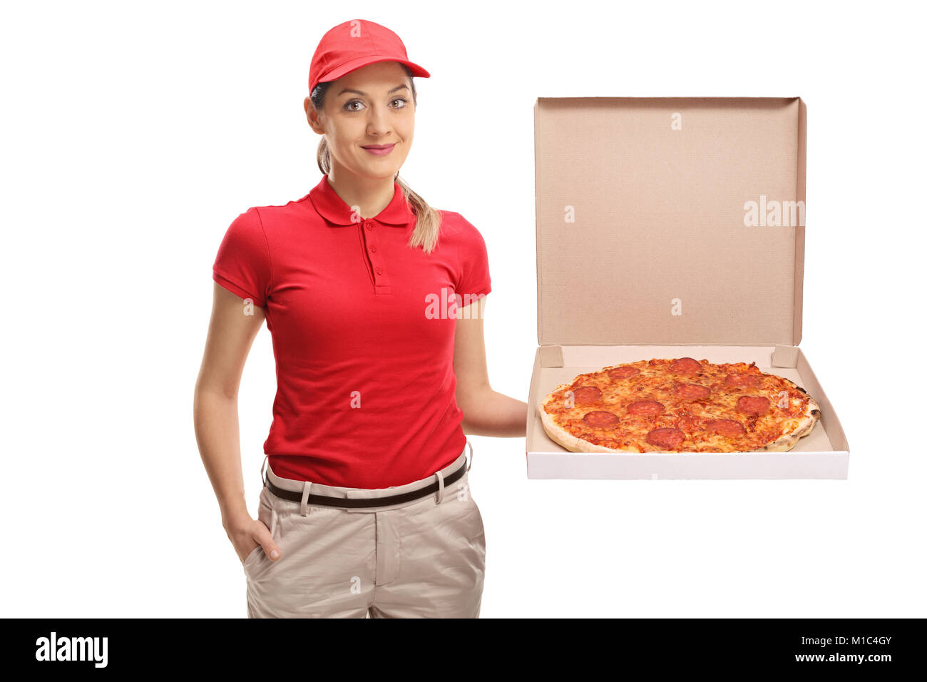 Pizza delivery girl holding a pizza box isolated on white background ...