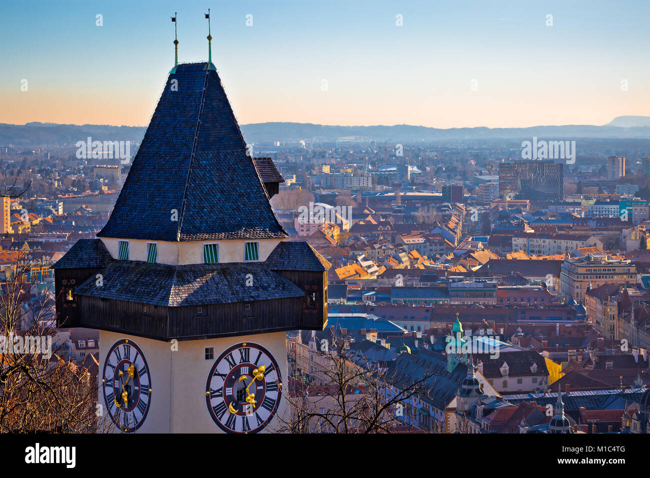 Graz landmark and cityscape view from Schlossberg, Uhrturm, Styria ...