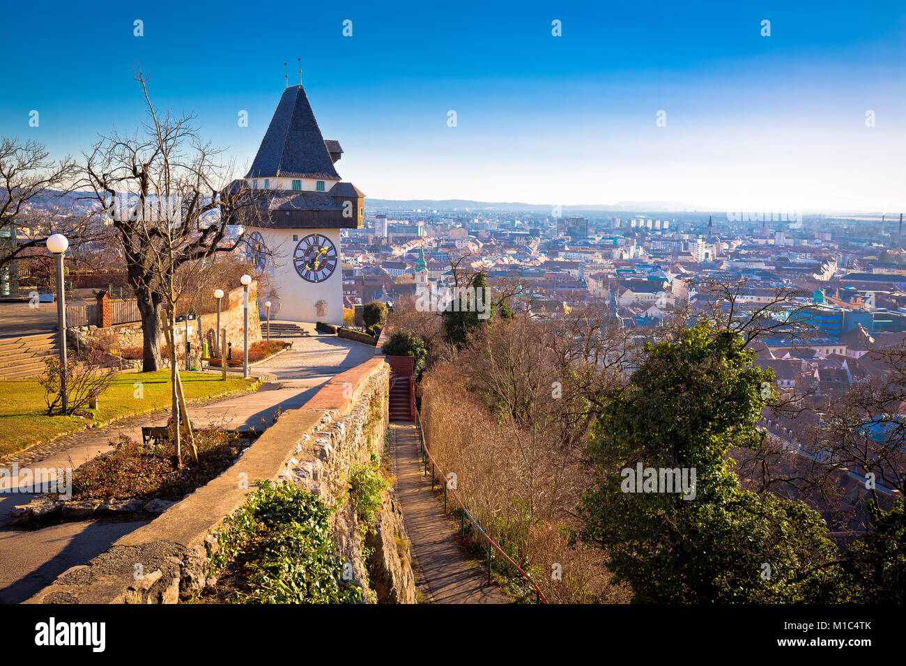 Uhrturm landmark and Graz cityscape aerial view, Styria region of ...