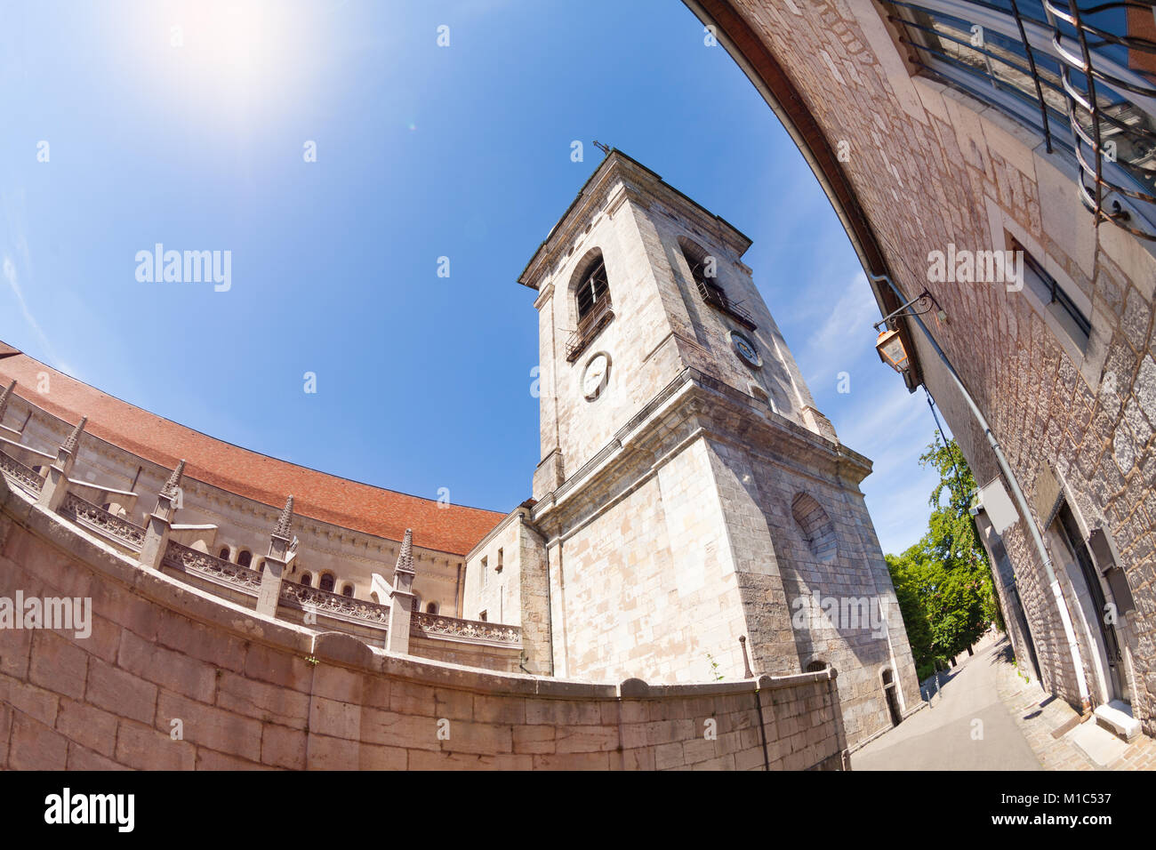 Low angle view of clock tower of Besancon St. Jean Cathedral against ...