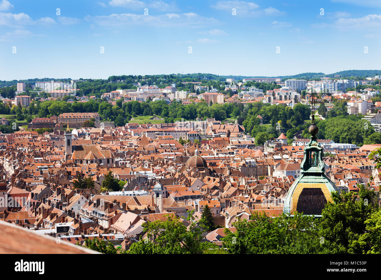 Aerial view of Besancon with St. Jean Cathedral dome in the foreground ...