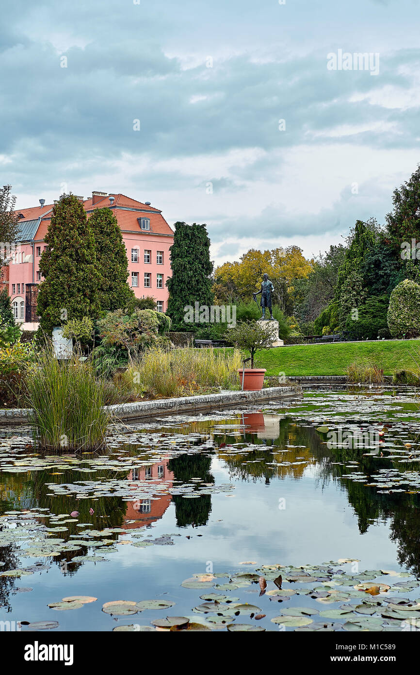 Beautiful lake of the Japanese garden in Botanical garden of Wroclaw ...