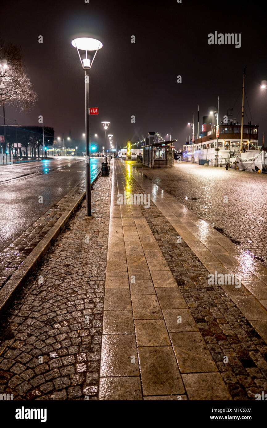 Rainy night, Strandvägen, Stockholm, Sweden, January 2018 Stock Photo ...