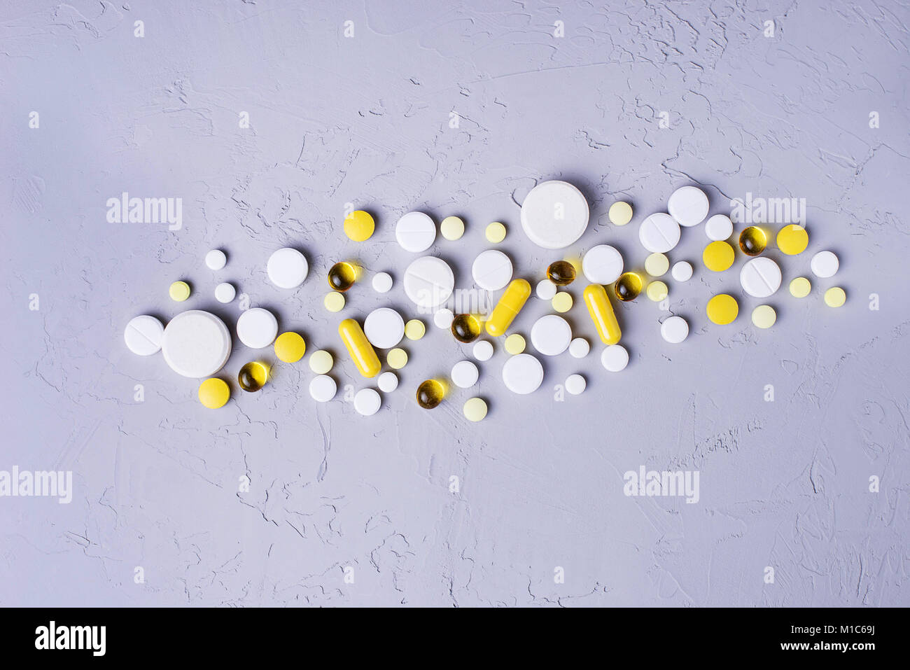 Different pills, tablets and capsules. Assorted of medicines. Top view ...