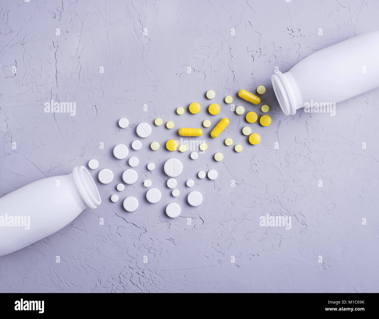 Different pills, tablets and capsules. Assorted of medicines. Top view ...