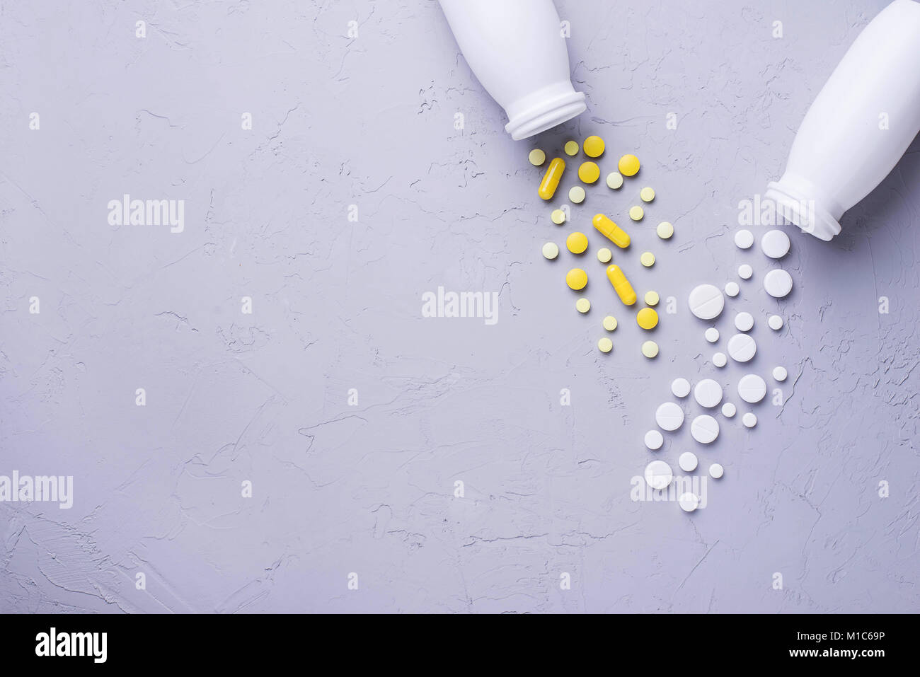 Different pills, tablets and capsules. Assorted of medicines. Top view ...