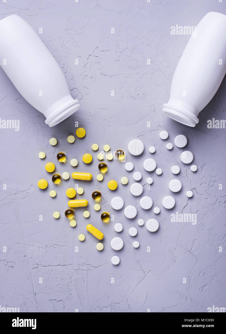 Different pills, tablets and capsules. Assorted of medicines. Top view ...