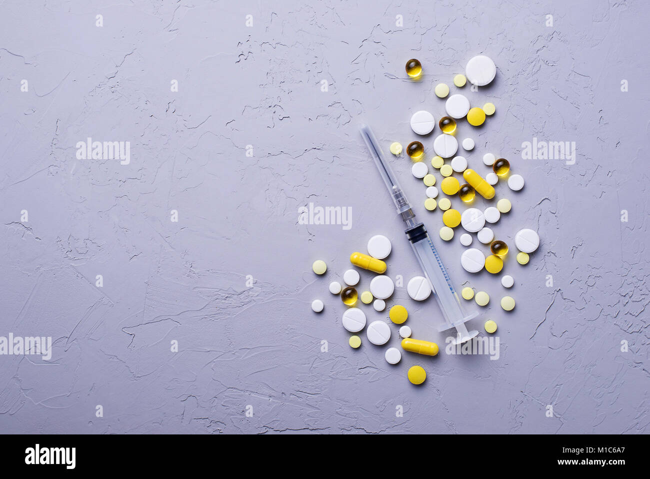 Different pills, tablets and capsules. Assorted of medicines. Top view ...