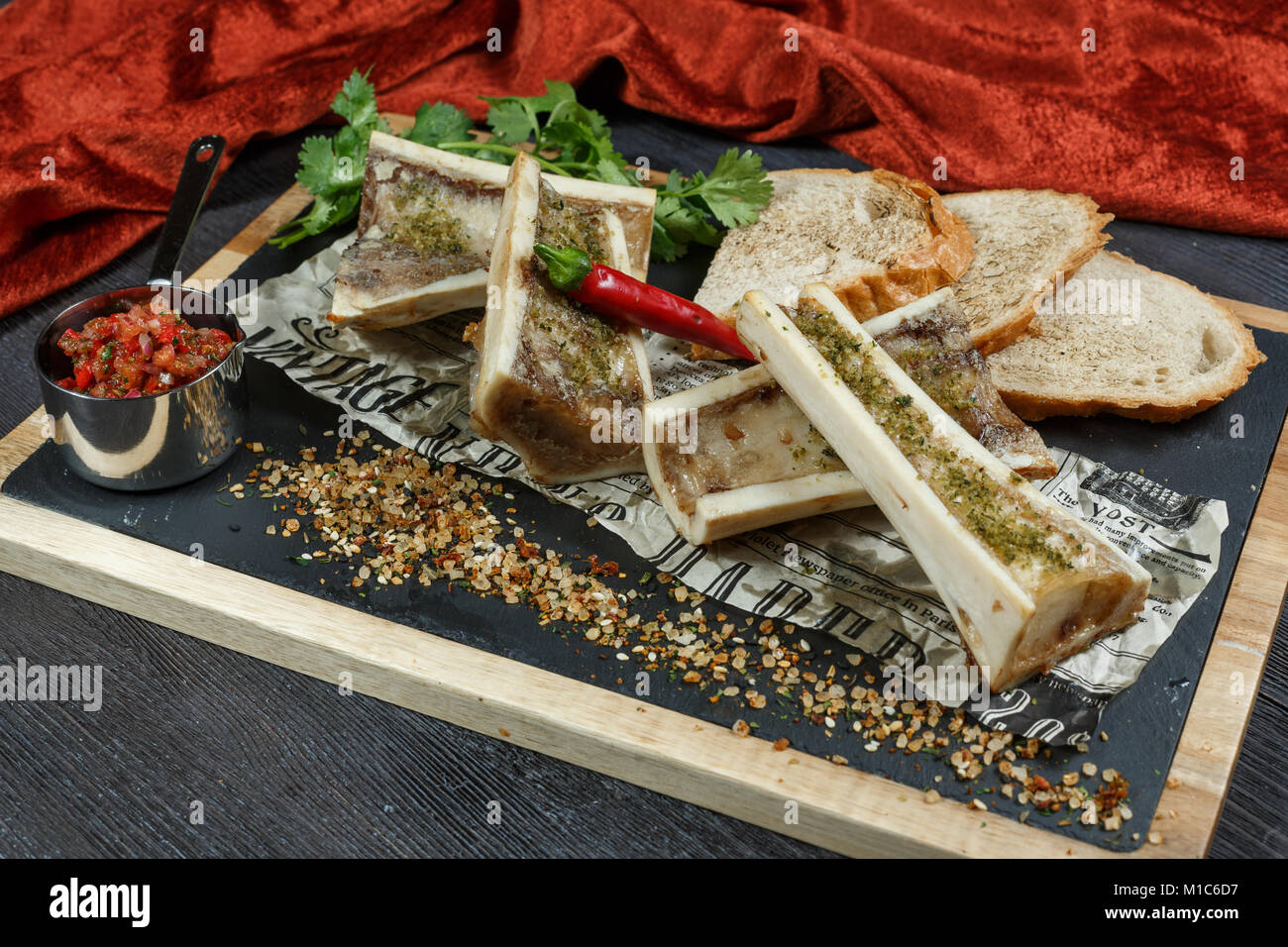 beef bone marrow with chimichurri sauce and french onion Stock Photo ...