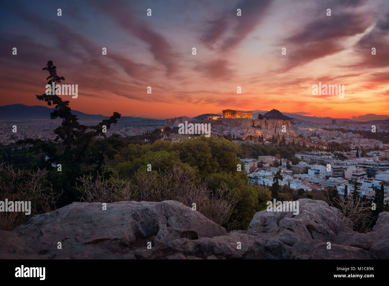 Athens skyline sunrise with cloud viewed from mountain top, Greece ...