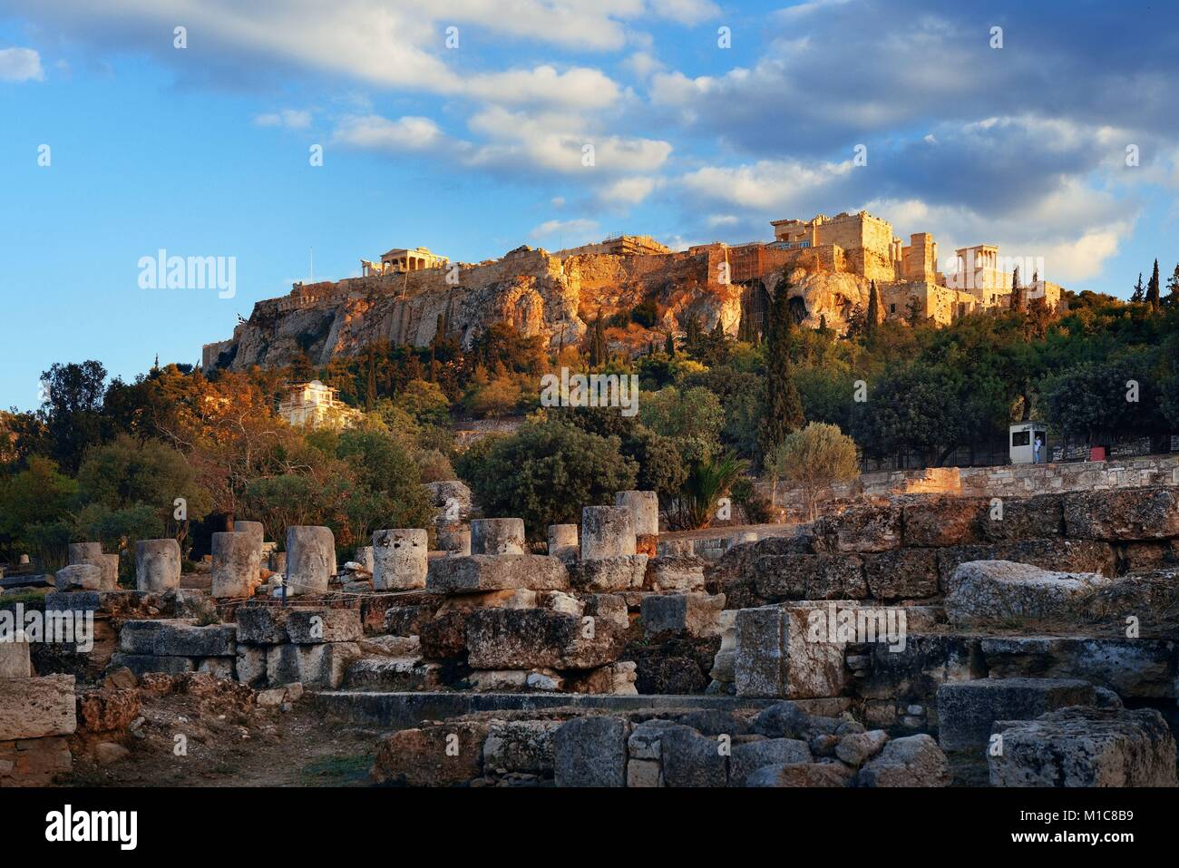 Acropolis historical ruins on top of mountain in Athens, Greece Stock ...