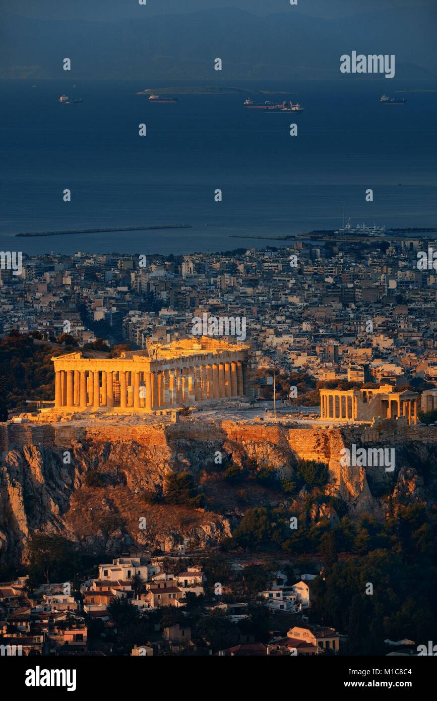 Athens skyline sunrise viewed from Mt Lykavitos with Acropolis, Greece ...
