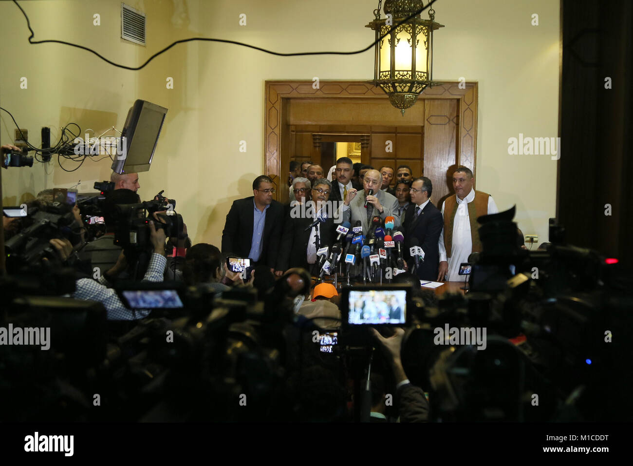 Cairo, Egypt. 29th Jan, 2018. Moussa Mostafa Moussa (L), Leader of the ...