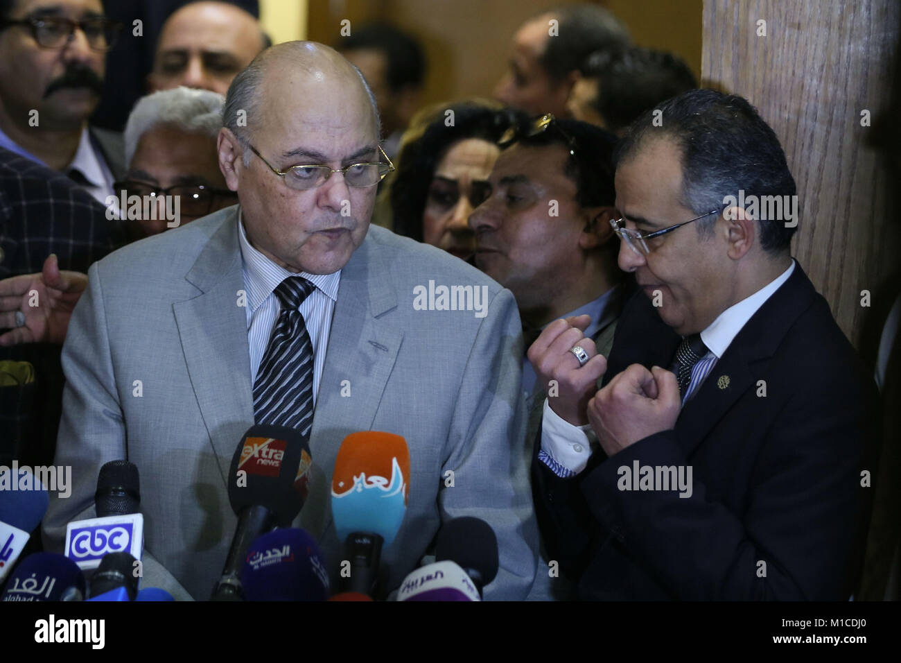 Cairo, Egypt. 29th Jan, 2018. Moussa Mostafa Moussa (L), Leader of the ...