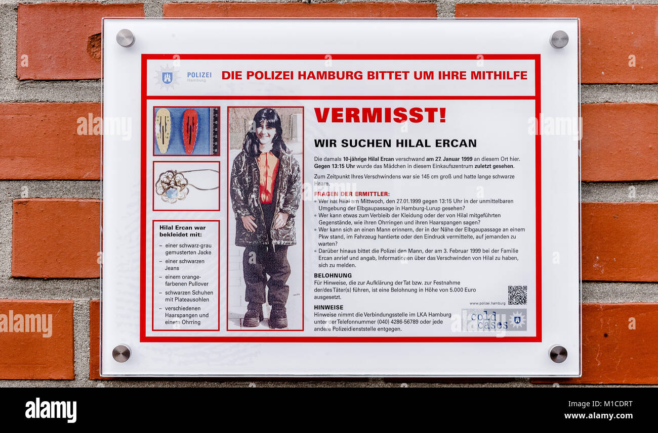 Hamburg, Germany. 27th Jan, 2018. A missing-persons-poster describes ...