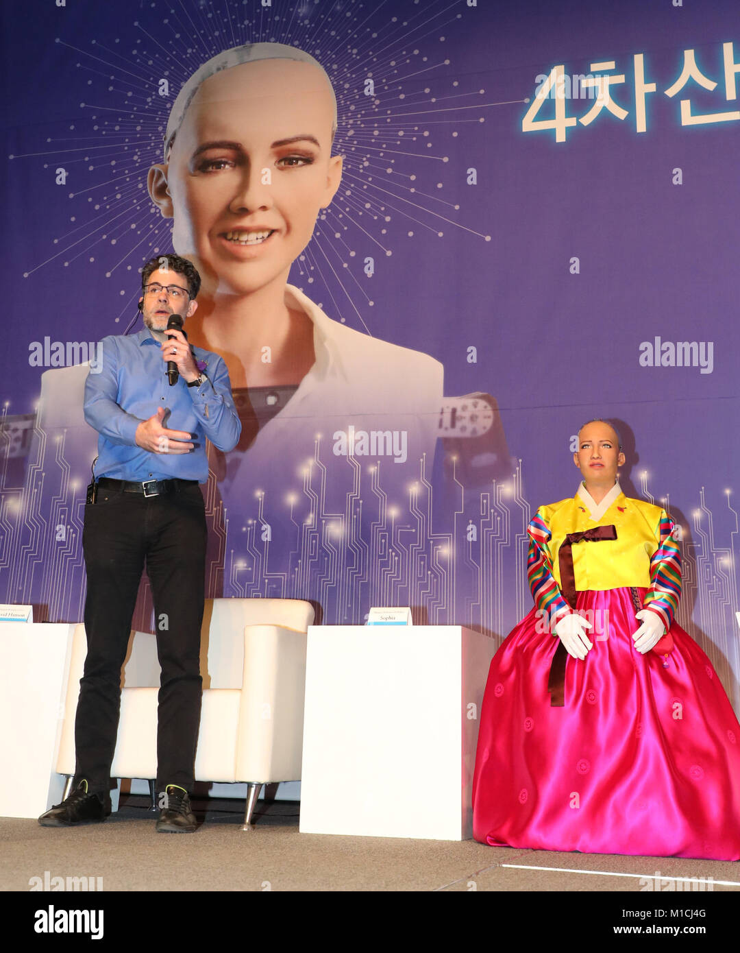 Korea. 30th Jan, 2018. Sophia the robot in Seoul David Hanson, chief of ...