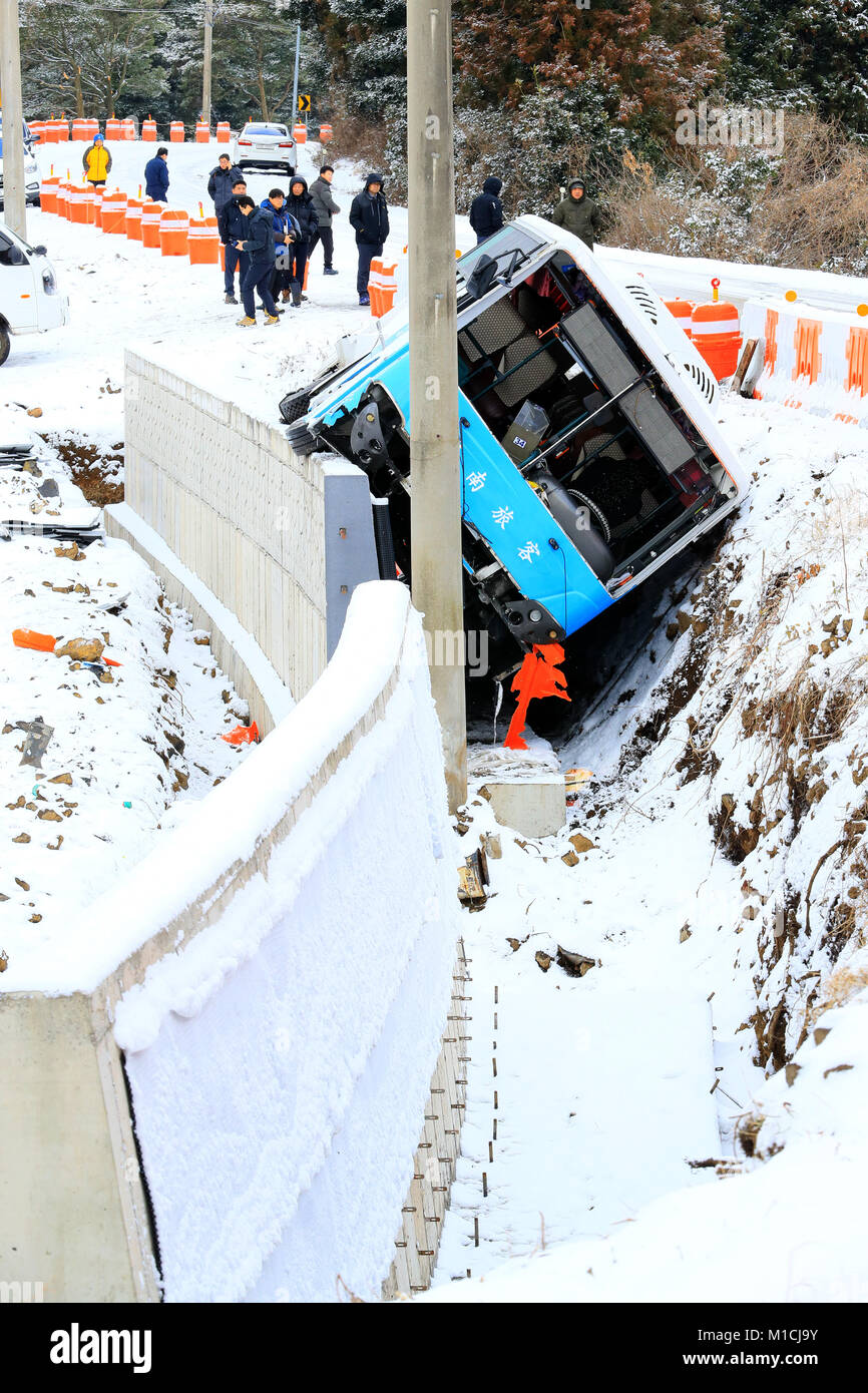 Korea. 30th Jan, 2018. Bus skids off road A bus is stuck between a ...