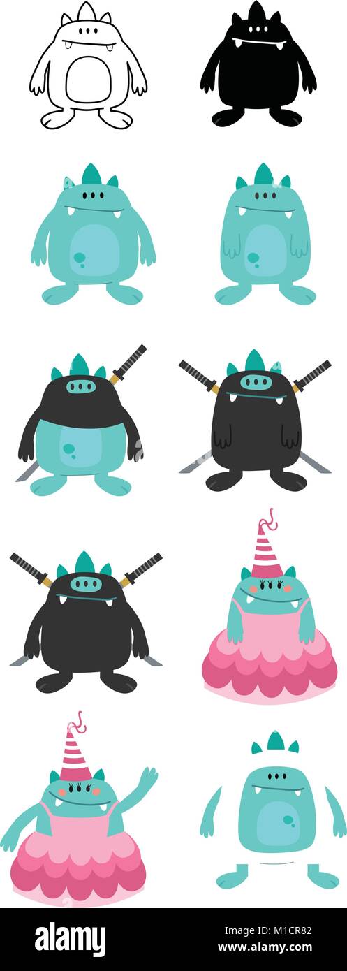 Cute monsters in different outfits vector illustration Stock Vector ...