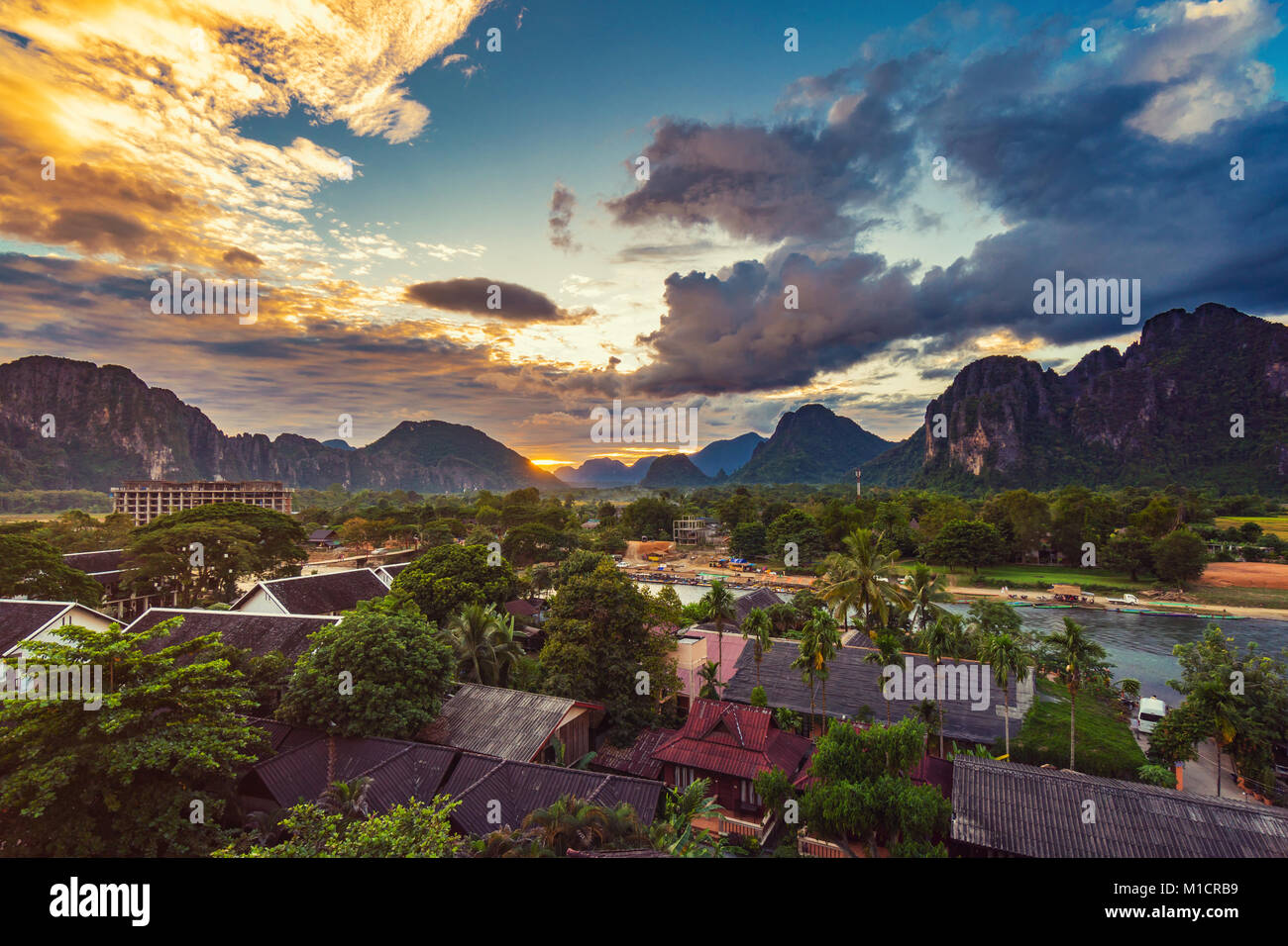 Landscape Viewpoint and beautiful sunset at Vang Vieng, Laos Stock ...
