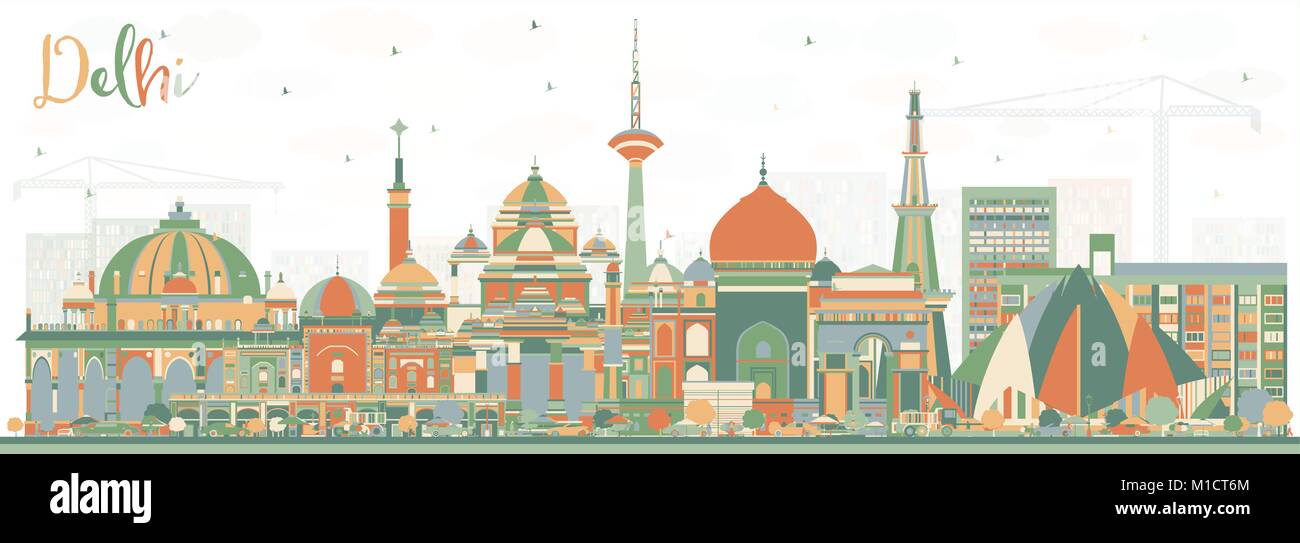 Delhi India City Skyline with Color Buildings. Vector Illustration ...