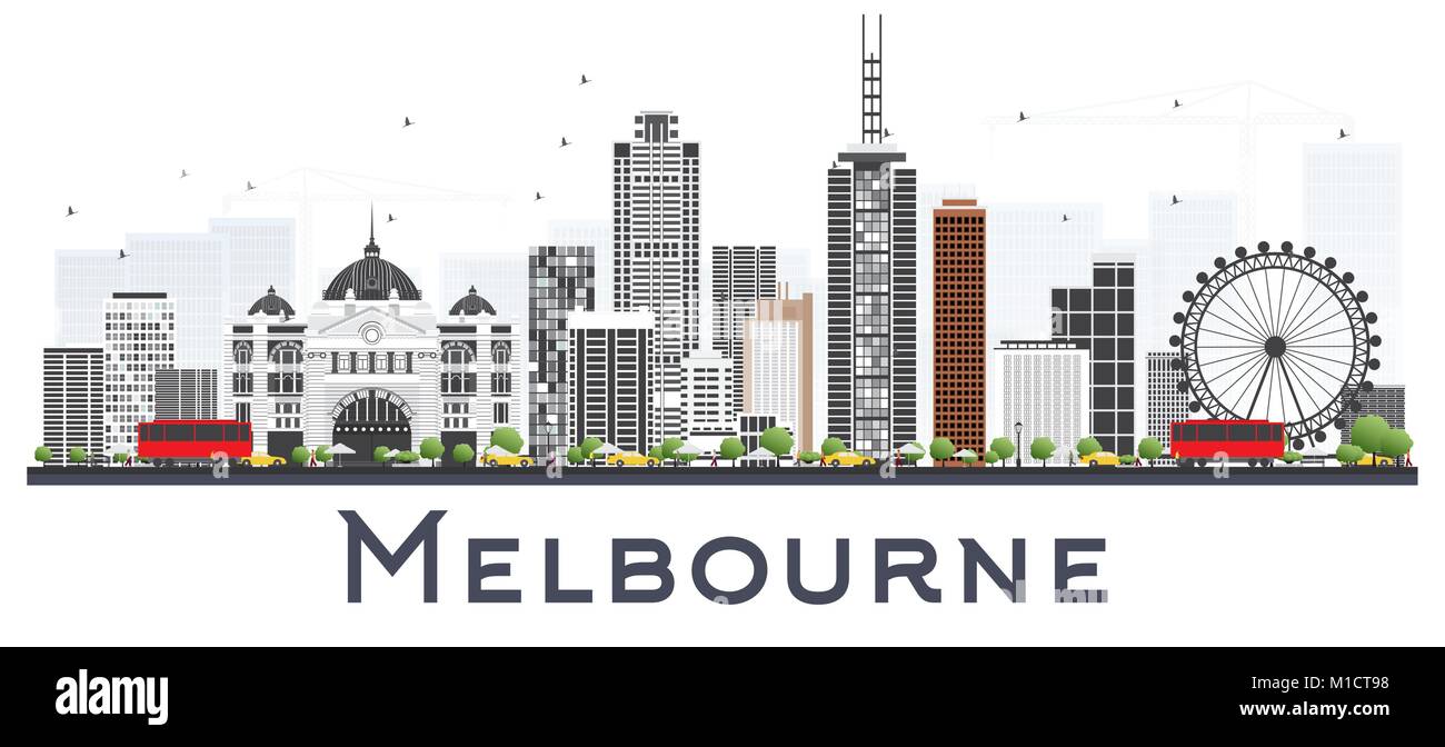Melbourne Australia City Skyline with Gray Buildings Isolated on White ...