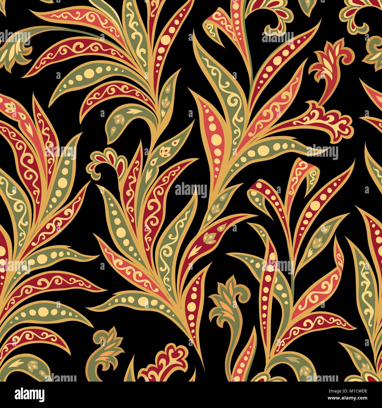 Floral seamless pattern with flowers and leaves over black background ...