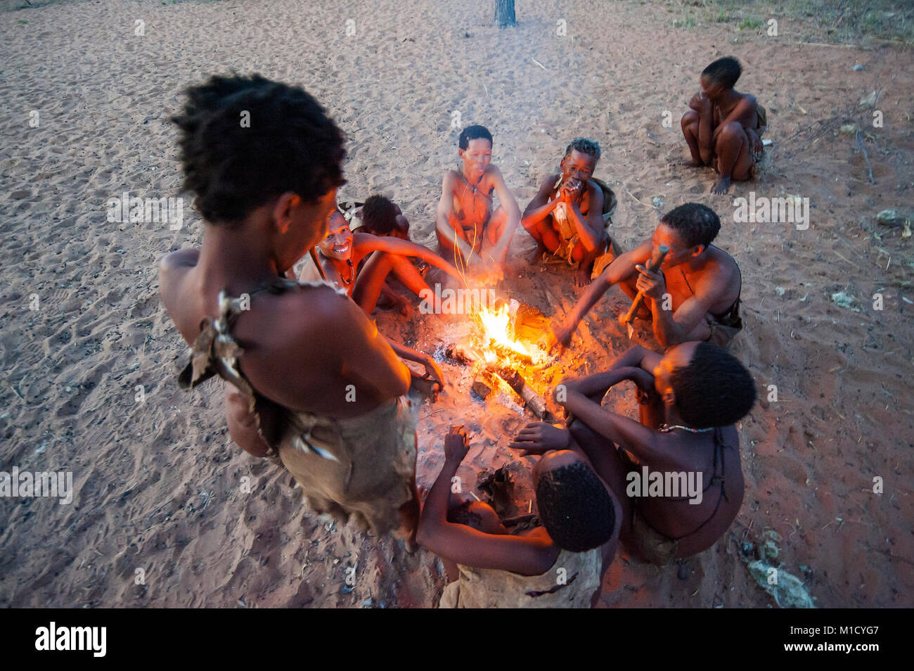 Ju/'Hoansi or San bushmen hunter gathering around camp fire at their ...