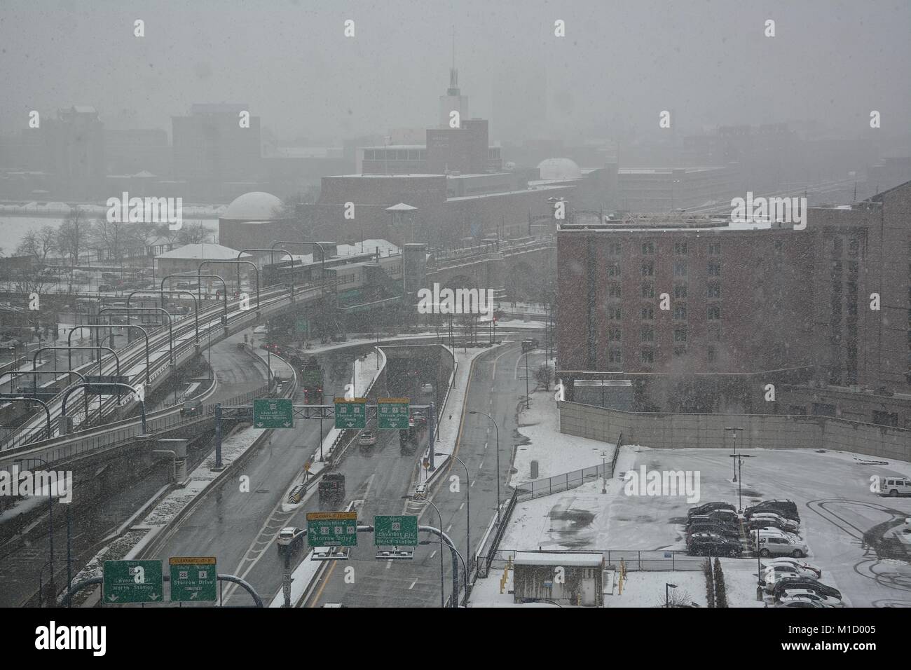 A snow covered Downtown Boston seen after a winter storm. Massachusetts ...