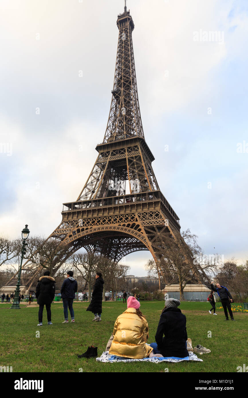 The Eiffel Tower, La Tour Eiffel, iconic landmark structure and tourist attraction, seen from ...