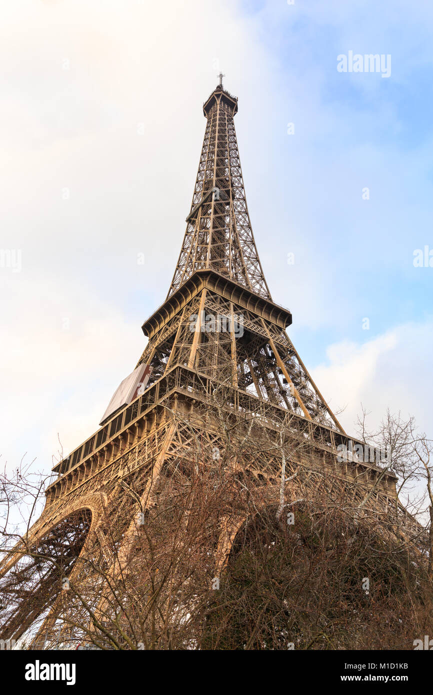 The Eiffel Tower, La Tour Eiffel, iconic landmark structure and tourist attraction, seen from ...
