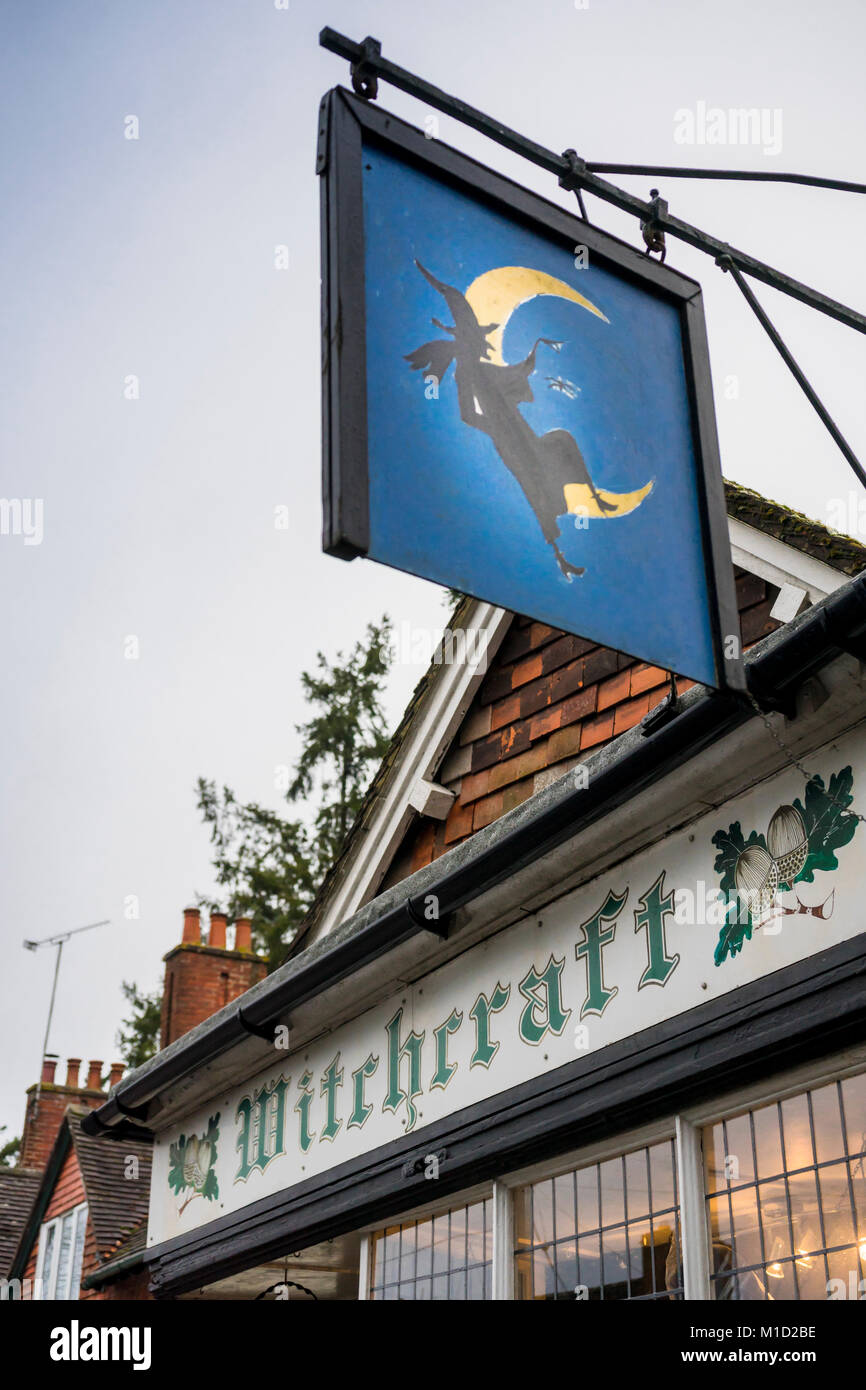 Sign depicting a witch outside a witchcraft shop in the village of ...