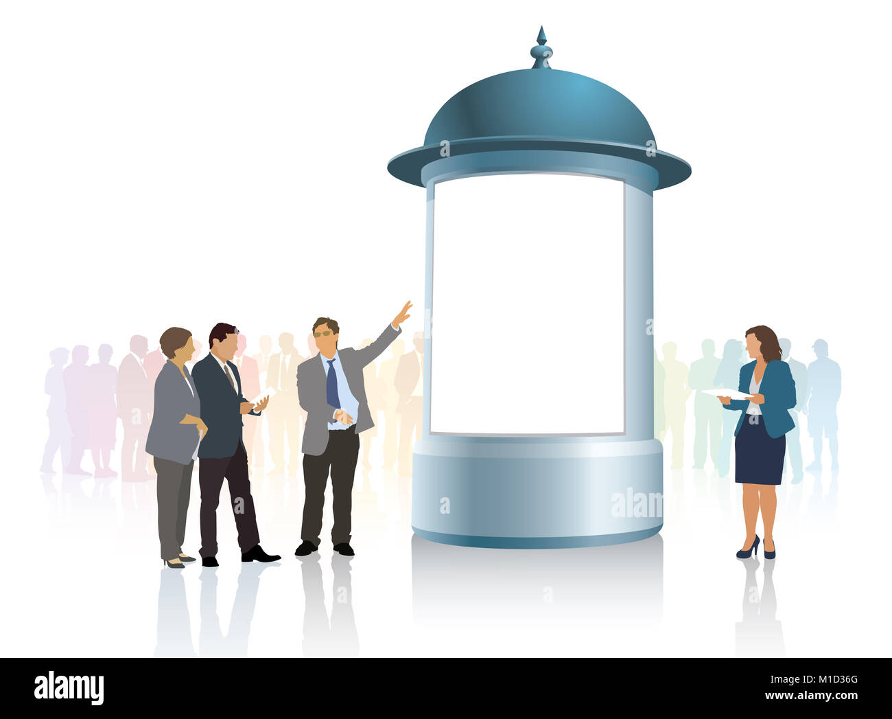 People are standing next to an advertising column and looking at the ...