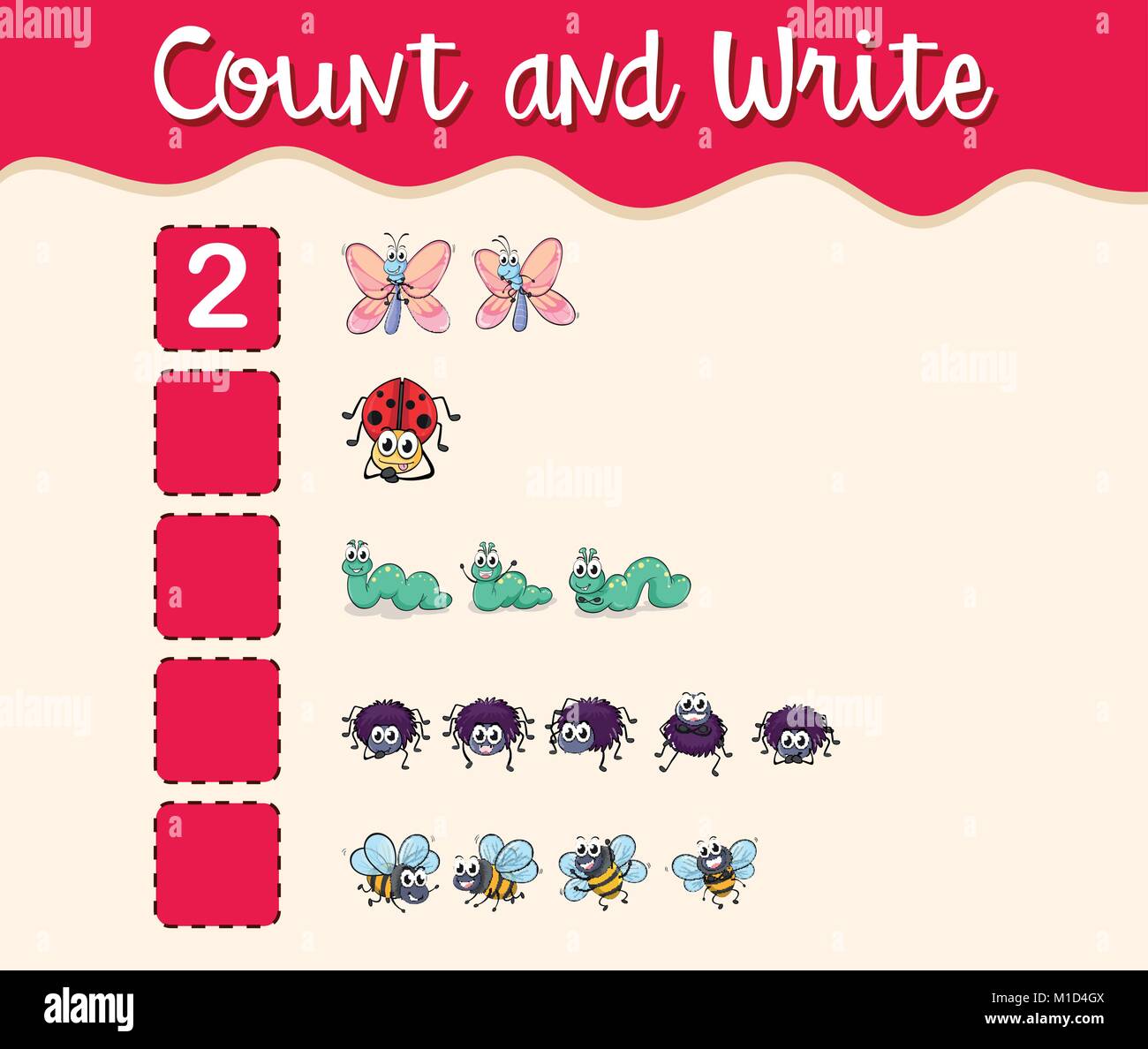 Math worksheet template with count and write with insects illustration ...
