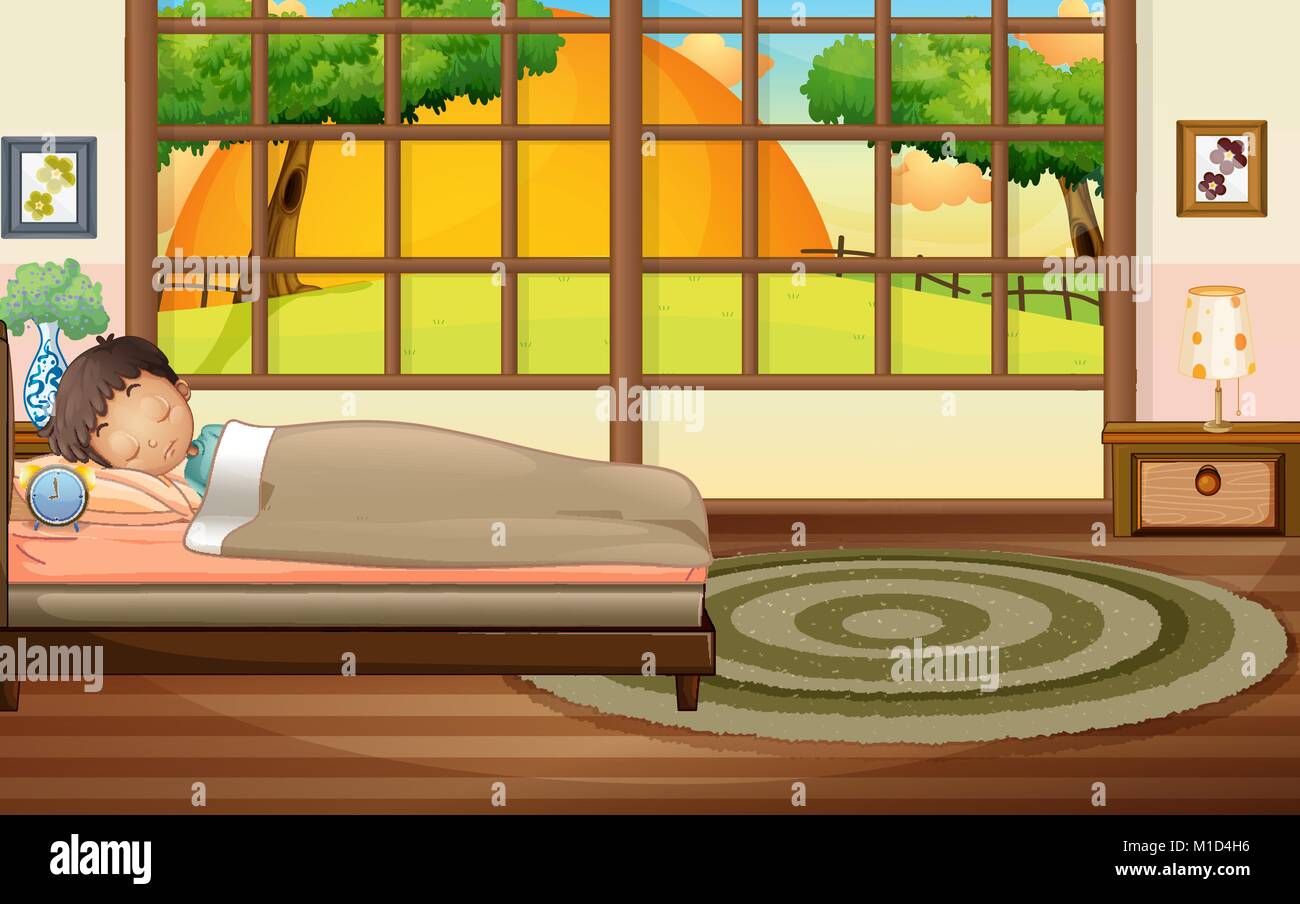 Boy sleeping in bedroom illustration Stock Vector Image & Art - Alamy